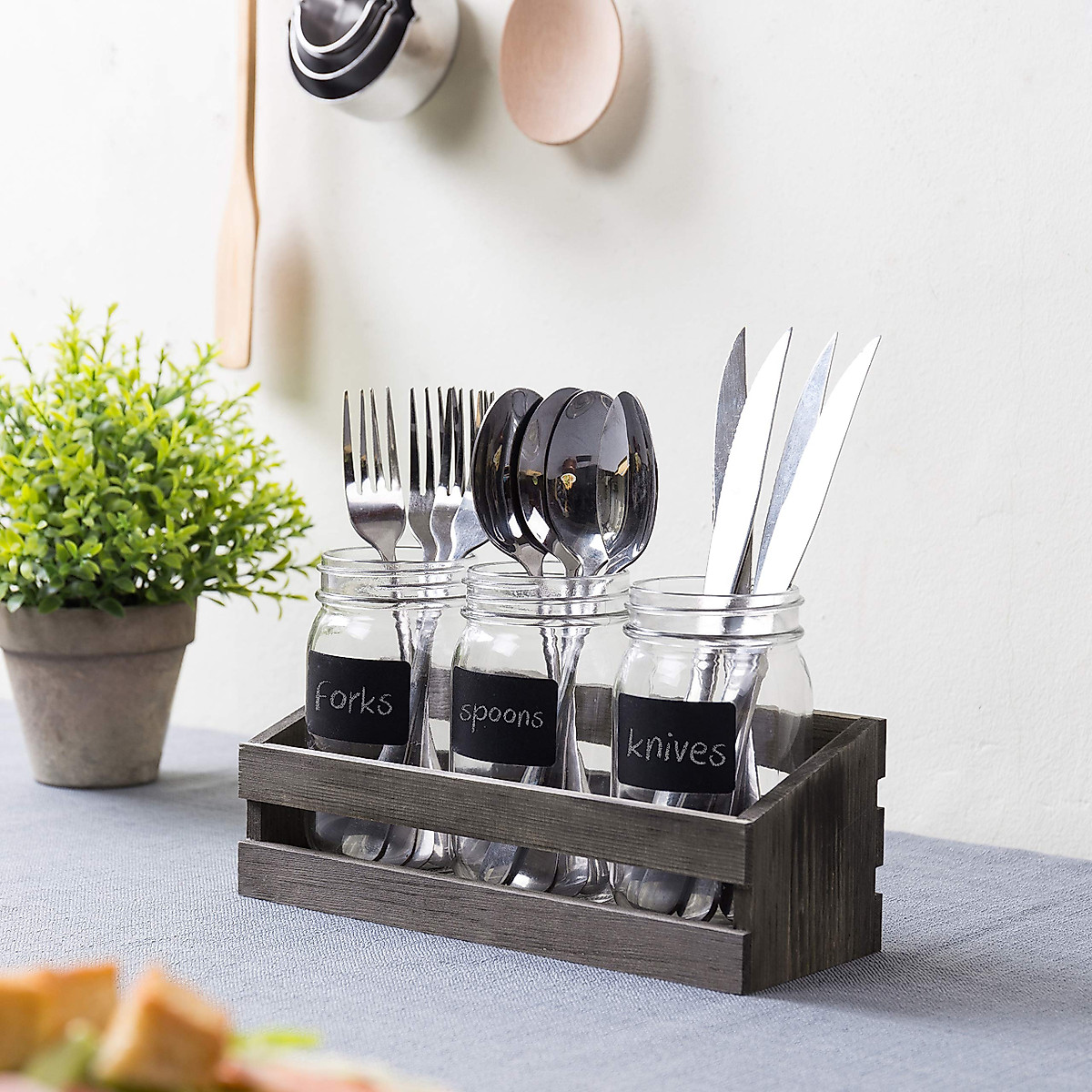 MyGift Gray Solid Wood Kitchen Countertop Flatware Utensil Holder, Casual Dining Flatware Caddy with 3 Mason Jars and Chalkboard Labels