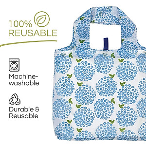 rockflowerpaper Reusable Grocery Bags for Shopping - Blue Hydrangea Pattern Blu Bag - Machine Washable, Foldable, Packable Tote - Large Handles - Heavy Duty and Lightweight - Zippered Top Pouch