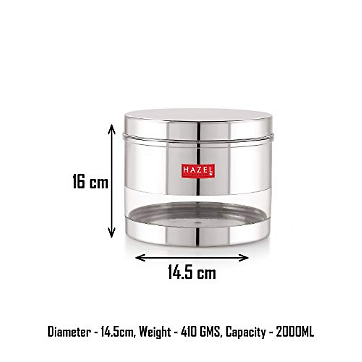 HAZEL Stainless Steel Containers Set For Kitchen Storage Transparent See Through Glossy Finish Storage Jars Dabba, Set of 5, 2000 ML Each, Silver