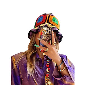 QWINEE Crochet Bucket Hat Colorblock Crochet Straw Hat Foldable Packable Knitted Fishing Hat Boho Daily Life Beach Hat for Women Multicolor