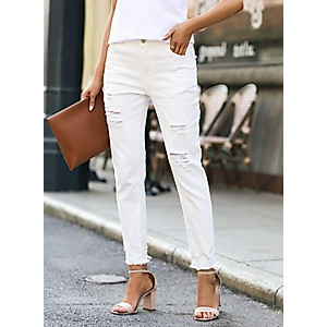 EVALESS White Womens Jeans Stretch Boyfriend Ripped Distressed Frayed Raw Straight Ankle Hem Denim Pants Tummy Control Size 8