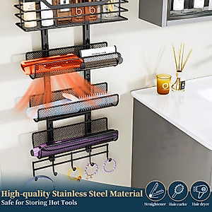 Consmest 6-Tier Hair Tool Organizer - Hair Dryer Holder Over The Door/Wall Mounted DIY Adjustable Shelf Bathroom Hair Styling Tool Organizer with Hook for Curling Iron/Blow Dryer/Straightener Black