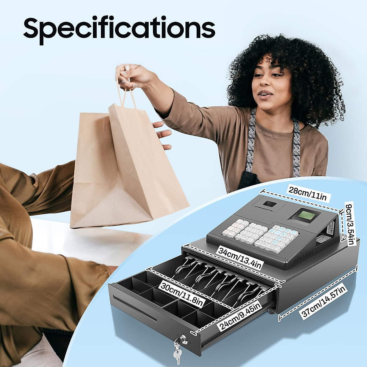 CAIHAOA Cash Register, 8 Digits LED 38 Keys Electronic Cash Register, Automatic Cash Register with 32 Departments, Quick Load Thermal Printer Cash Register 1000 Plus 10 Clerks for Small Business,Black