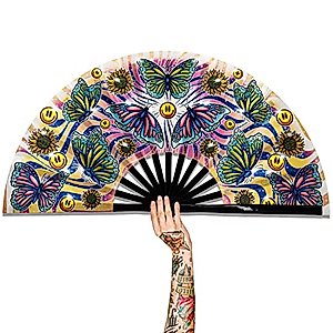 Raveahem UV Glow Rave Fan, Bamboo Folding Clack Hand Fan for Men Women (Butterfly, Large 13")