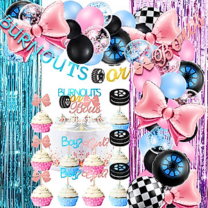 112 Pcs Burnouts or Bows Gender Reveal Decorations Set, Burnouts Bow Foil Balloons Arch Banner Gender Reveal Cake Topper Pink and Blue Balloons Foil Curtains for Gender Reveal Shower Party Supplies