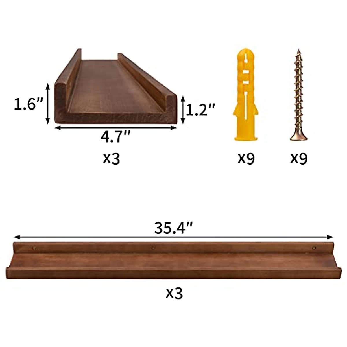 ALIMORDEN 36 inch Long Photo Ledge Shelves Set of 2, Natural Wood Large Floating Shelves for Bedroom Living Room Bathroom Kitchen, Dark Walnut,36" x 5"