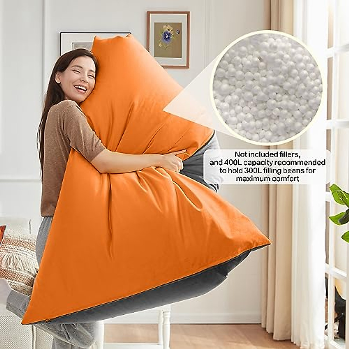 Nobildonna Bean Bag Chair Cover (No Filler) for Adults and Teens, Beanbag Lounger Sofa Velvet Cover Beans Stuffed Storage 4 Ft (Orang Grey, Large)