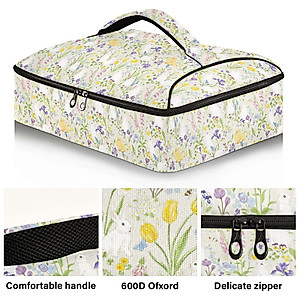 Kigai Cute Bunny and Floral Double Insulated Casserole Carrier For Hot or Cold Food, Expandable Hot Food Carrier Bag, Insulated Food Bag for Parties, Beach, Picnic, Camping