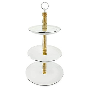 AuldHome Rustic White Tiered Stand (3-Tier Tray, White Distressed Enamel); Decorative Metal Cupcake Tray Tower in Farmhouse Vintage Enamelware