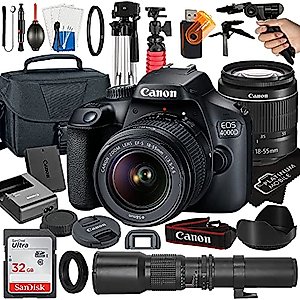Canon EOS 4000D / Rebel T100 DSLR Camera with EF-S 18-55mm + 500mm Preset Manual Focus Lens + SanDisk 32GB Card + Tripod + Case + MegaAccessory Bundle (23pc Bundles) (Renewed)