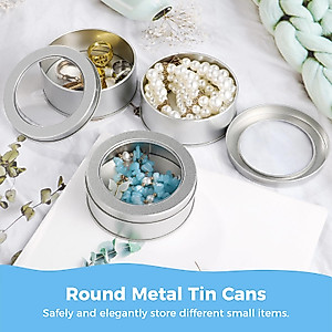 20 Pcs Metal Tin Cans 4 OZ Round Containers with Clear Tops, Empty Food Storage Containers for Storing Candles, Candies, Tea, Silver Tin Cans for Kitchen, Office, Travel