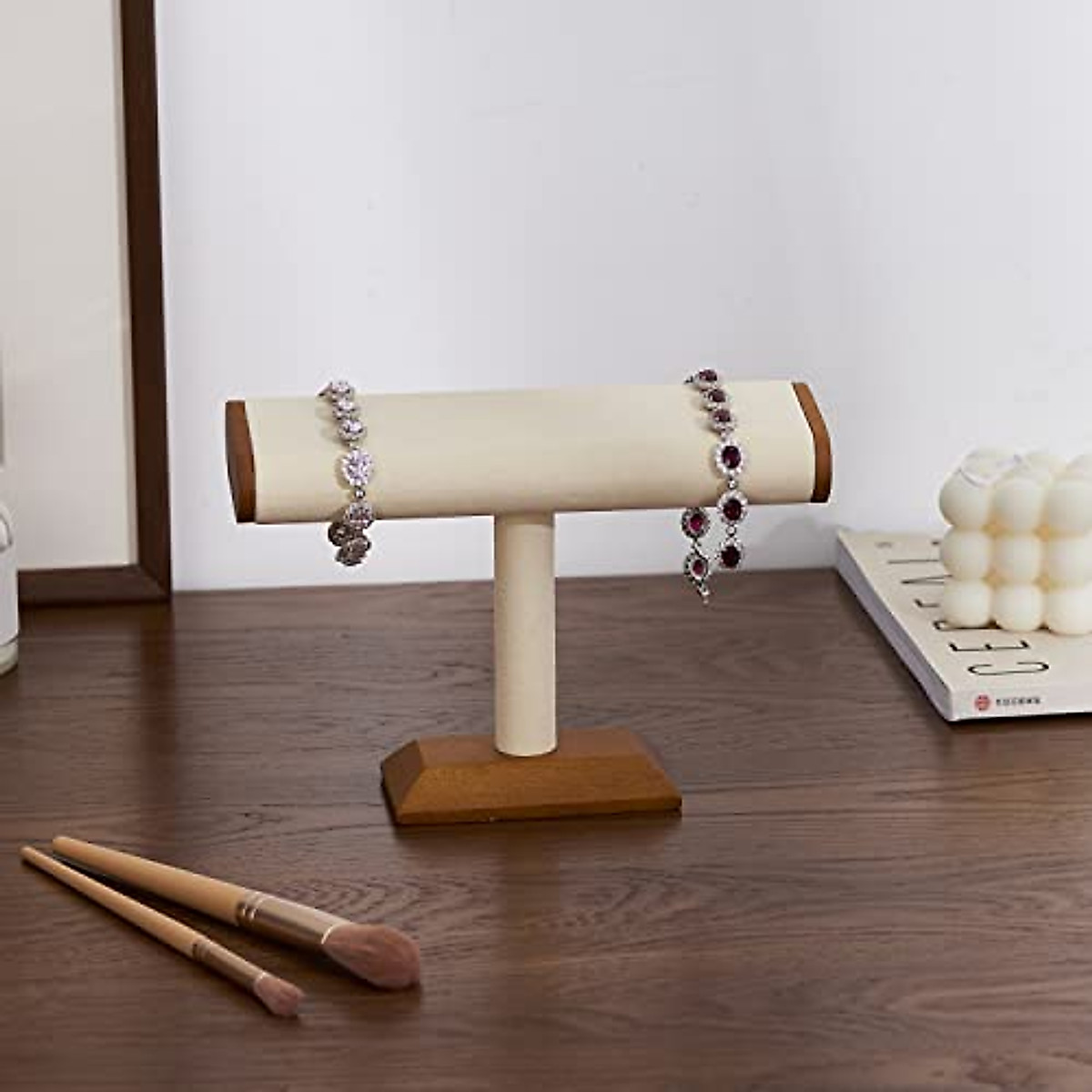 Oirlv Solid Wood T-Bar Watch Display Stand Jewelry Organizer Holder for Watch Bracelet Countertop Table Top Jewelry Tower(Creamy-white)