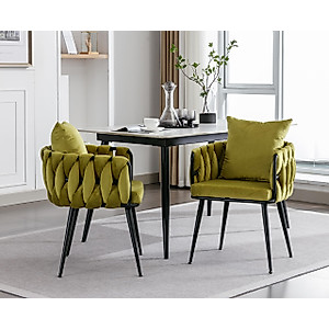 INMOZATA Mid Century Modern Dining Chairs Set of 2, Hand Weaving Accent Chairs Living Room Chairs, Upholstered Velvet Armchair with Metal Legs for Dining Room Kitchen Living Room Vanity,Olive Green