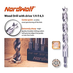 NordWolf 5-Piece HSS Brad Point Wood Drill Bit Set with 1/4" Hex Shank for Carpenter Woodworking, SAE Sizes 3/16"-1/4"-5/16"-3/8"-1/2"