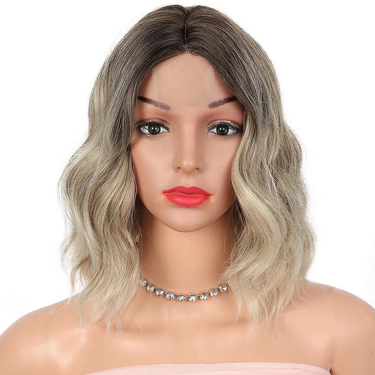 Kalyss 12" Synthetic Edge Lace Front Wigs for Women Short Wavy Bob Wig Middle Part Ombre Ash Blonde Wig for Daily Wear(12”, Ombre Ash Blonde)