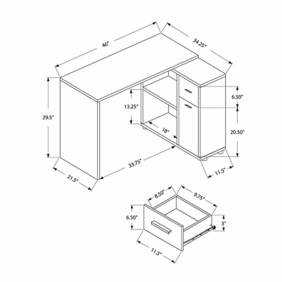 Monarch Specialties Workstation with Storage Shelves and Cabinet for Home & Office-Contemporary Style L Shaped Computer Desk, 46" L, Grey