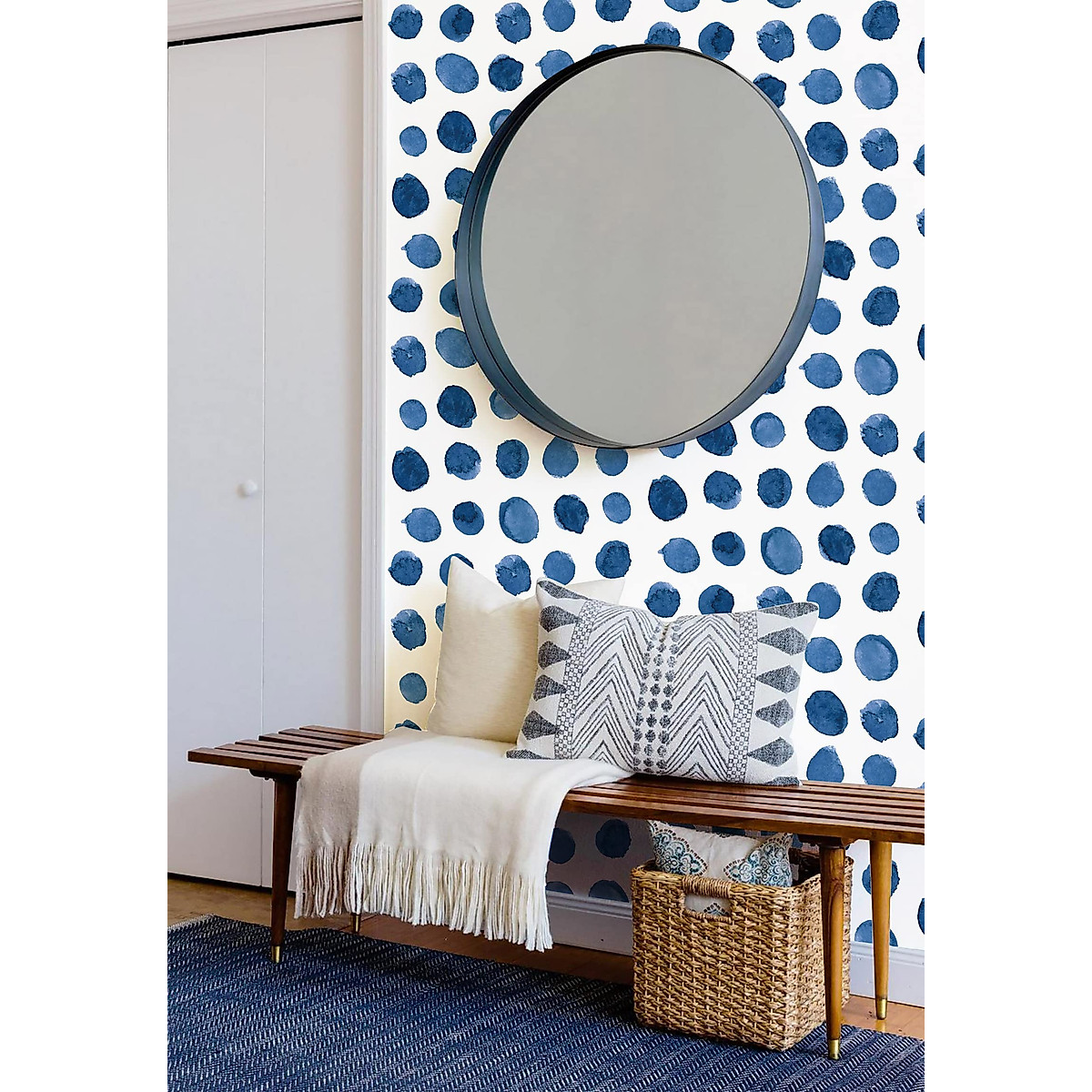 HAOKHOME Boho Peel and Stick Wallpaper Watercolor Brush Strokes Dots Removable Indigo Blue/White Vinyl Self Adhesive Contactpaper 17.7in x 9.8ft
