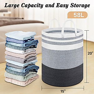 WOWBOX Cotton Rope Laundry Hamper, Large Laundry Basket, Dirty Clothes Storage Basket Laundry Bin for Blanket, Bedroom, Dorm, Towels, Toys (Grey, 58L)