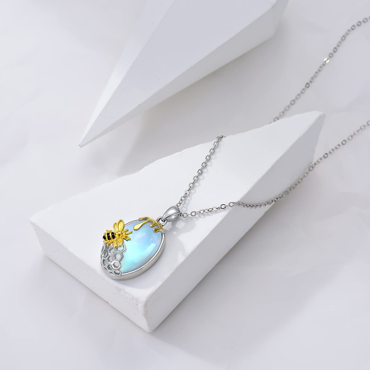 YAFEINI Bee Jewelry Necklace Sterling Silver Honeycomb Honey Bee Moonstone Pendant Necklace Jewelry Christmas Gifts for Women Teen Girls (Moonstone oval bee necklace)