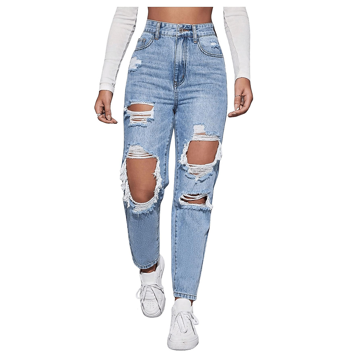 MakeMeChic Women's High Waist Straight Leg Ripped Jeans Distressed Denim Pants Light Wash2 L