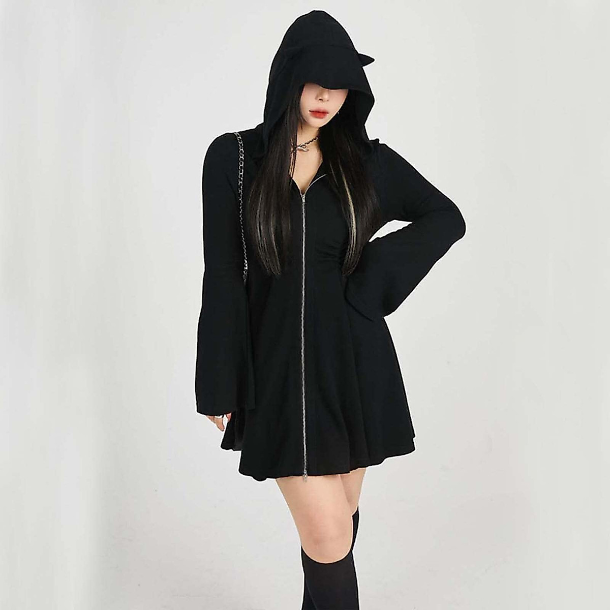 MLAFE Gothic Hooded Little Black Dress Autumn and Winter Waist Hooded Sweater Dress Doll Sleeve Slim Dress Harajuku Dress (S)