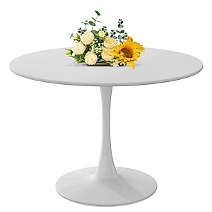 Ufurpie 42" Round Dining Table,Mid-Century White Tulip Table,Metal Base Pedestal Table for 4-6 Person,Easy Assembled End Table Leisure Coffee Table