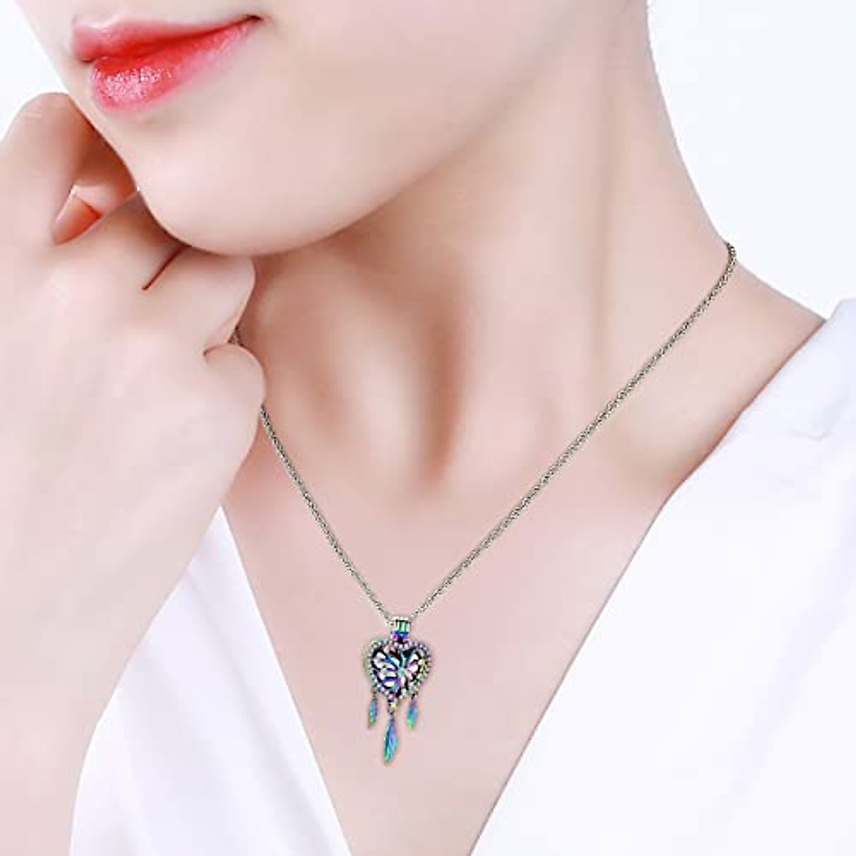 shajwo Cremation Jewelry Dream Catcher Heart Urn Necklace for Ashes for Women Men Keepsake Memorial Hollow Pendant,Rainbow-Silver