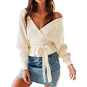 ZESICA Women's 2023 Fall Wrap V Neck Long Batwing Sleeve Belted Waist Ruffle Knitted Sweater Pullover Top,Apricot,Medium