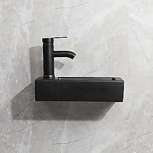 Black Bathroom Rectangle Wall Hung Porcelain Ceramic Small Sink Wash Art Basin with Overflow&Faucet for Cloakroom Lavatory Toilet (Left Hand)