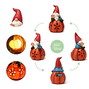 WONDHOME Solar Gnome Statues Spring Decor Pumpkin Gnomes with LED Lights Christams Gardening Gifts for Women Mom, Yard Art Sculpture for Patio Yard Lawn, Pumpkin Gnome