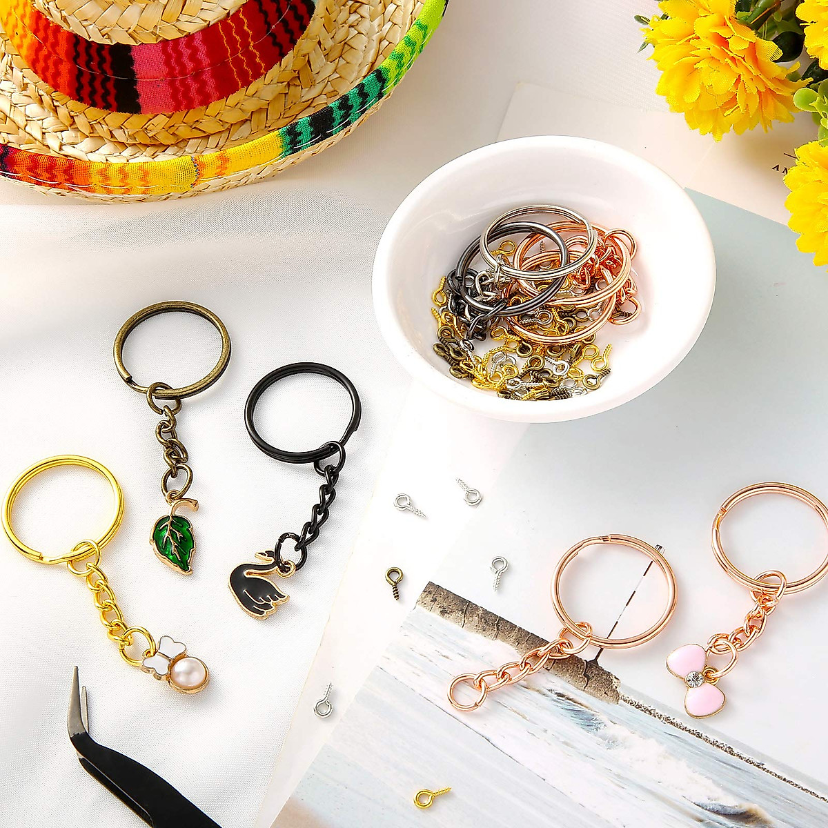 360 Pieces Keychain Rings for Crafts Including 90 Pieces Keychain Rings with 90 Pieces Open Jump Rings Connectors 180 Pieces Small Screw Eye Pins Hooks for DIY Keychain Supplies(Mixed Color,25 mm)