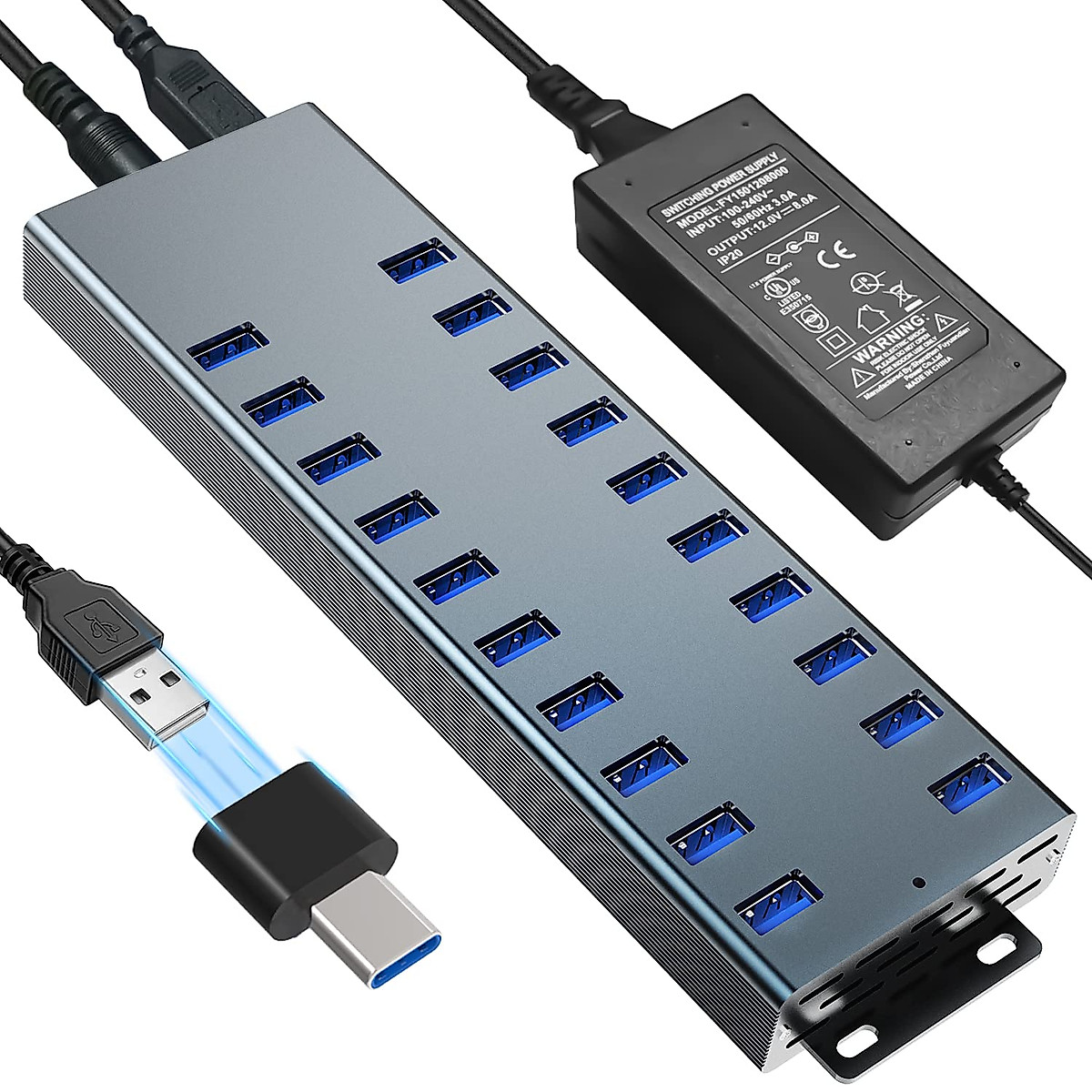 Royata Powered USB Hub Industrial Grade USB 2.0 Hub 20 Port 12V/10 Power Support Charger Data Sync and Charging Station with Separate On/Off Switch and Light for Laptops, PCs,etc.