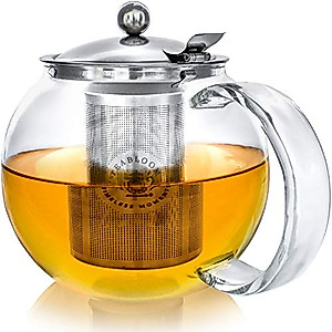 Teabloom Stovetop Safe Glass Teapot with Removable Infuser (40oz/1200ml) and Four Double Walled Glass Cups (5oz/150ml) - Classica Tea Set