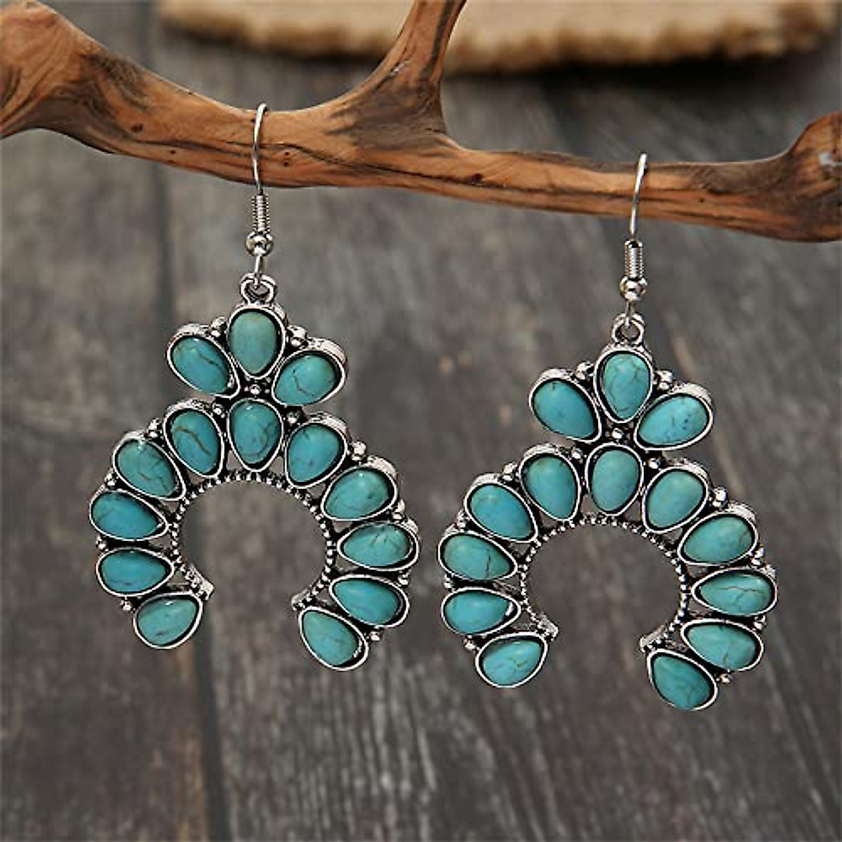 Bohemian Vintage Turquoise Oval Flower Ethnic Drop Dangle Earrings for Women Boho Exaggerated Retro Geometric Turquoise Teardrop Earrings Cowgirl Cowboy Jewelry Gift (D)