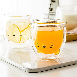 Sharemee Cute Mugs Double Wall Insulated Glass Espresso Cup Coffee Cup, Tea Cup, Milk Cup, Gigt for Personal Birthday and Office 250ml/8.4oz (Cute Mugs Bear+cat)