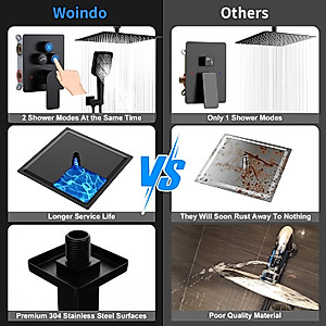 Woindo Shower Faucet Set, 12" Ceiling Mount Rainfall Shower System with 2 Rain Shower Head and Multi-function Handheld Head Push Button Diverter Shower Faucet Trim Kits, Matte Black