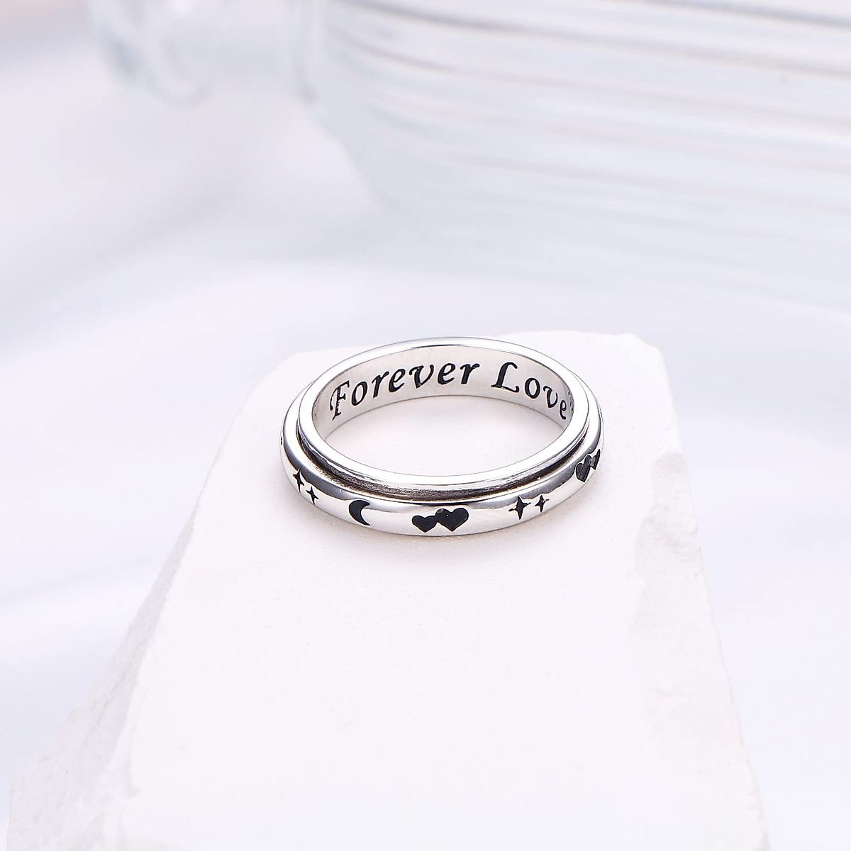 SHAOAN Forever Love Moon Star Spinner Fidget Ring 925 Sterling Silver Anxiety Rings for Women Stress Relieving Boredom ADHD Autism Statement Band Rings