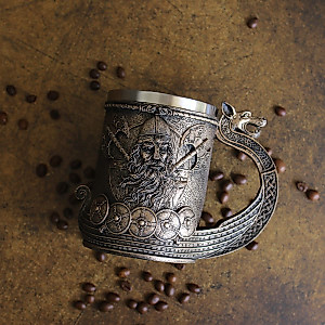 Ottalent Noric Viking Ship Draon Drakkar Beer Mug Stainless Steel Liner, Bronze Color Viking Warrior Coffee Cup Stein for Collectible Gift 17oz.
