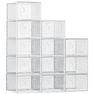 Foluck Shoe Storage Box, 12 Pack Clear Plastic Stackable Shoe Organizer for Closet, Interlocking Design Shoe Container Bins for Sneakers, Foldable Shoe Rack with Lids, White