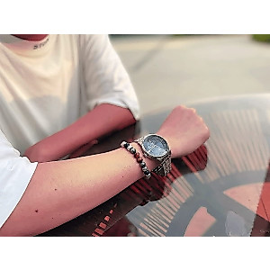 Auoy Dhof Tiger Eye Bracelet Beaded Couple Bracelet for Women and Men Titanium Steel Chain Adjustable 8 mm (Red)