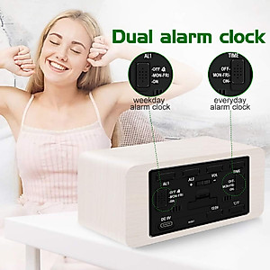 MOSITO Digital Wooden Alarm Clock with Wireless Charging, 0-100% Dimmer, Dual Alarm, Weekday/Weekend Mode, Snooze, Wood LED Clocks for Bedroom, Bedside, Desk, Kids (White)