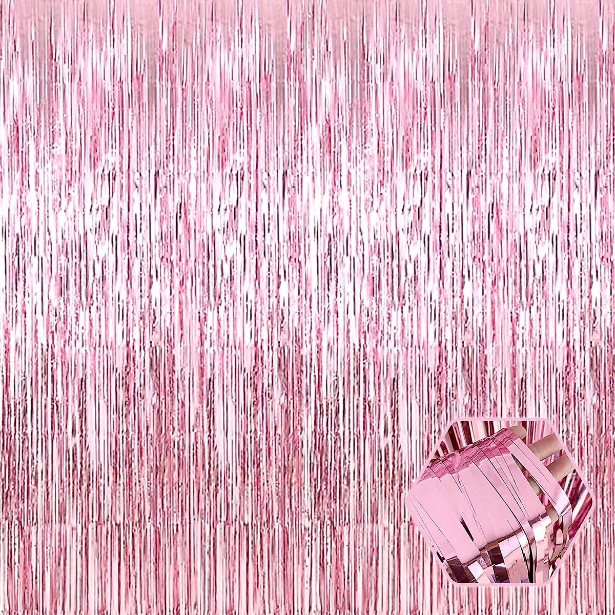 3 Pack Pink Foil Fringe Curtain Backdrop, 3.28Ft x 9.8Ft Metallic Tinsel Foil Fringe Streamer Curtains for Photo Booth, Christmas Day, Thanksgiving, Wedding, New Year Party Decorations