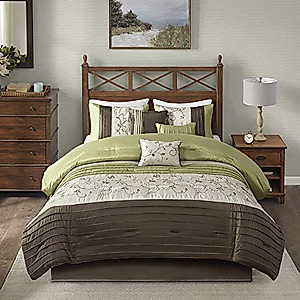 Madison Park Serene Faux Silk Comforter Set - Floral Embroidery Design, All Season Bedding Set, Matching Bed Skirt, Decorative Pillows, Green Queen(90"x90") 7 Piece