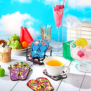 Shellwei 8 Pcs Flip Flop Diamond Art Coasters Summer Diamond Painting Coasters with Holder Hawaii Diamond Coasters Tropical Beach Diamond Coasters for Crafts Beginner Adults Kids Party Gift