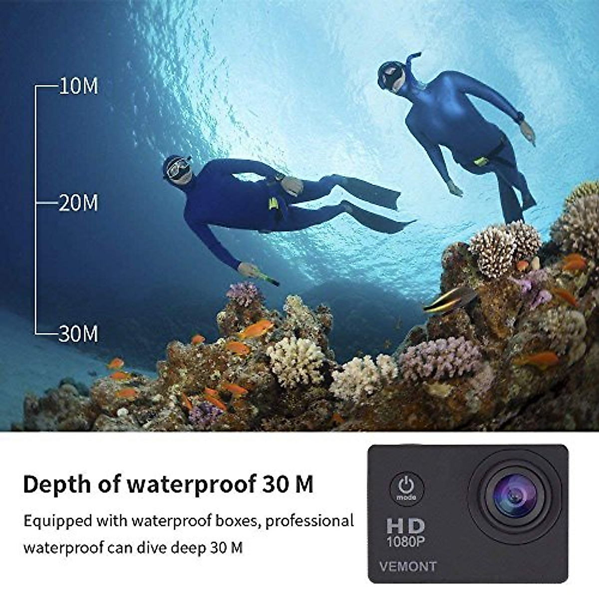 VEMONT Action Camera, 1080P 12MP Sports Camera Full HD 2.0 Inch Action Cam 30m/98ft Underwater Waterproof Snorkel surf Camera with Wide-Angle Lens and Mounting Accessories Kit