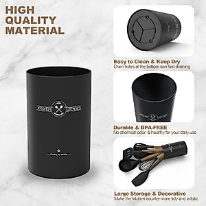 Silicone Kitchen Cooking Utensil Set, 9Pcs Kitchen Utensils Spatula Set with Wooden Handle for Nonstick Cookware, 446°F Heat Resistant Silicone Kitchen Gadgets Utensil Set with Large Holder（Black）