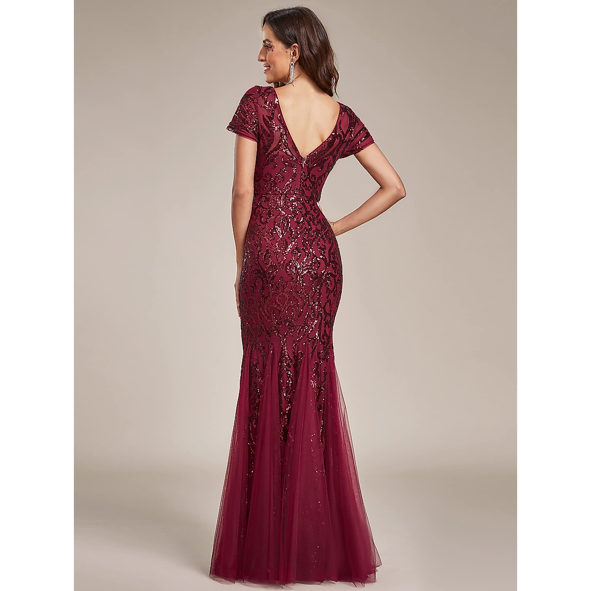 Ever-Pretty Women's Tulle Sequin Bodycon Open Back Mermaid Formal Gowns and Evening Dress Burgundy US8