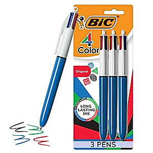 BIC 4 Color Ballpoint Pen, Medium Point (1.0mm), 4 Colors in 1 Set of Multicolor Pens, 3-Count Pack of Refillable Pens for Journaling and Organizing