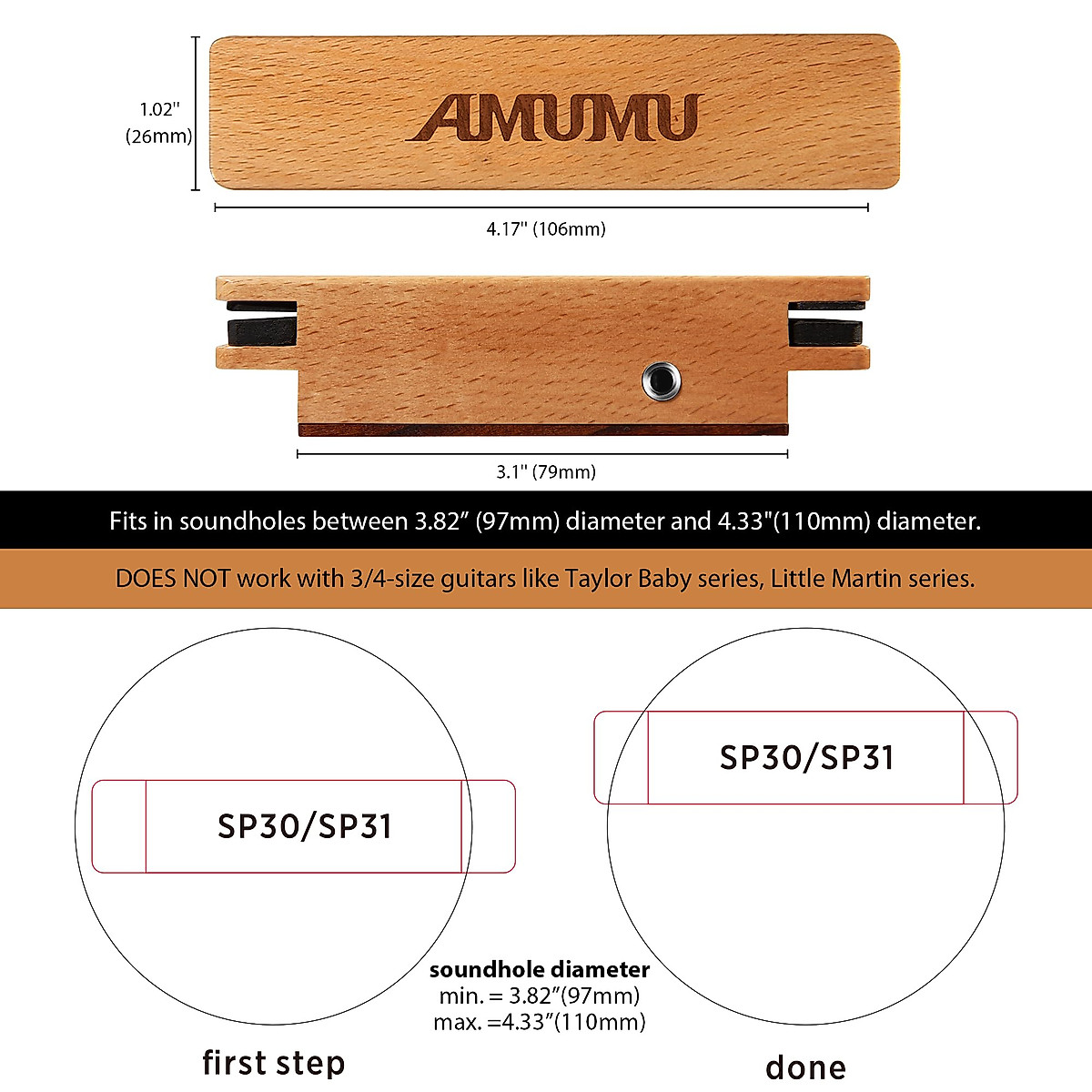 AMUMU SP30 Woody Magnetic Soundhole Pickup, For Steel String Acoustic Guitars Single Coil, Includes a free studio-grade Audio cable,Warm Acoustic Tone, Low Noise.