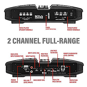 BOSS Audio Systems PT1000 2 Channel Car Amplifier - 1000 Watts, Full Range, Class A/B, 2-8 Ohm Stable, Mosfet Power Supply, Bridgeable